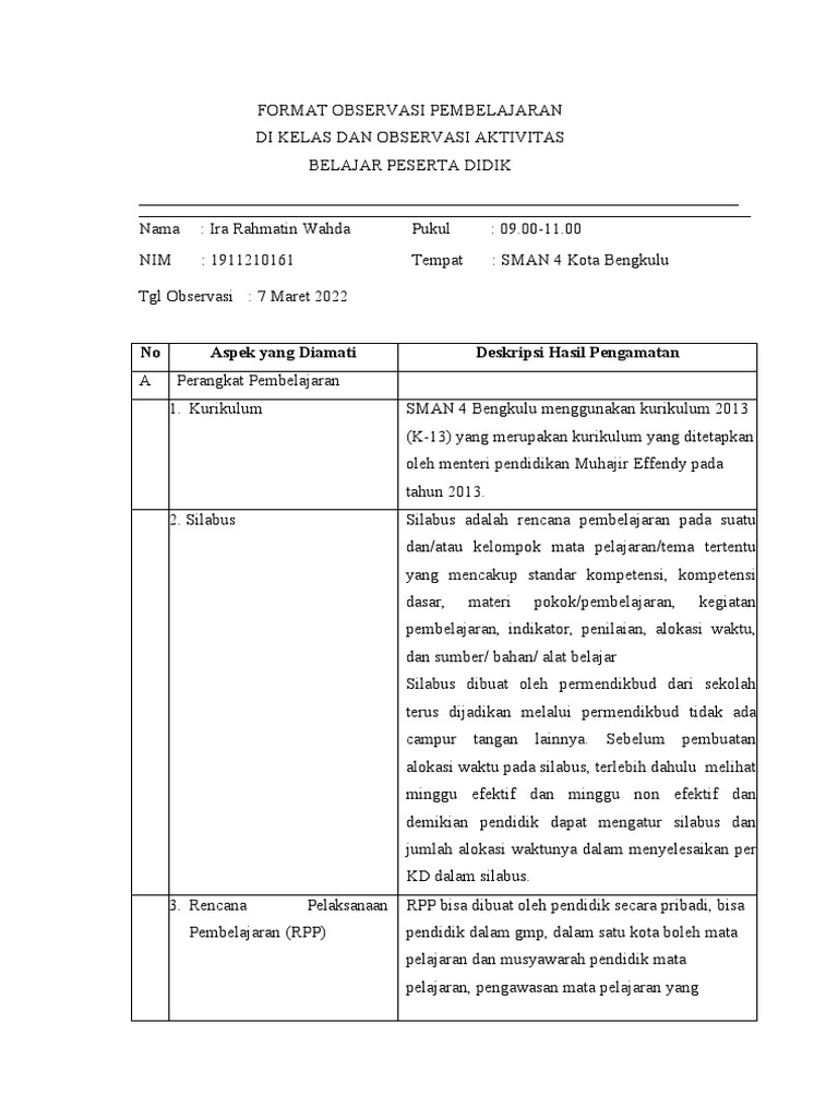 Format Observasi Pembelajaran Di Kelas Dan Observasi Aktivitas Belajar ...