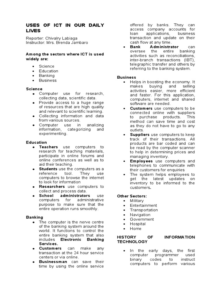 Uses of Ict in Our Daily Lives: Among The Sectors Where ICT Is Used Widely Are: Can | Download ...