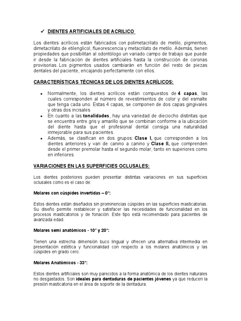 Dientes Artificiales de Acrilico | PDF | Diente