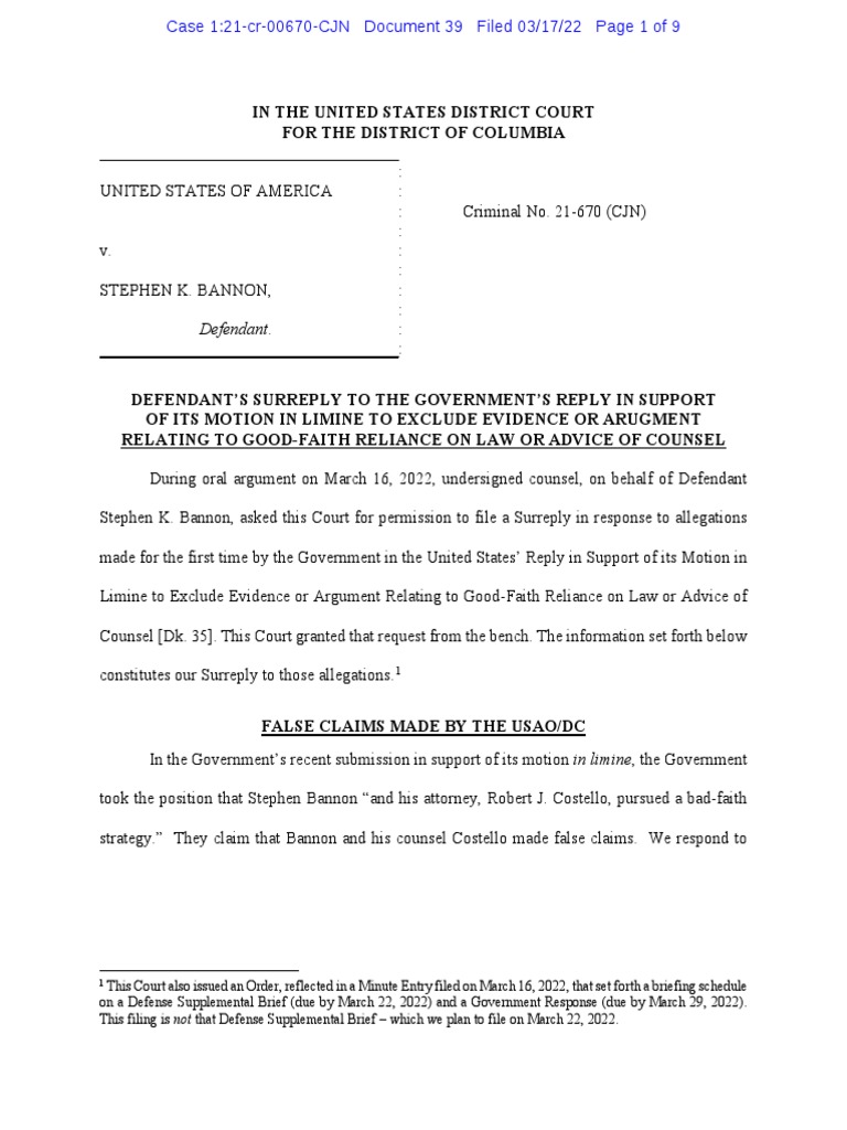 Bannon Motion To Exclude Evidence | PDF