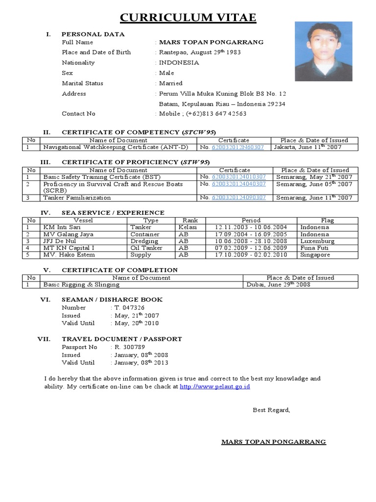 CV Pelaut | PDF | Transport | Water Transport