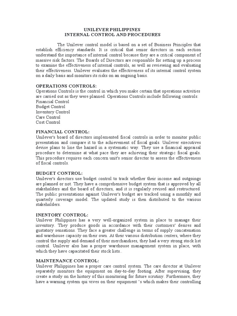 Unilever Philippines Internal Control and Procedures | PDF | Internal ...