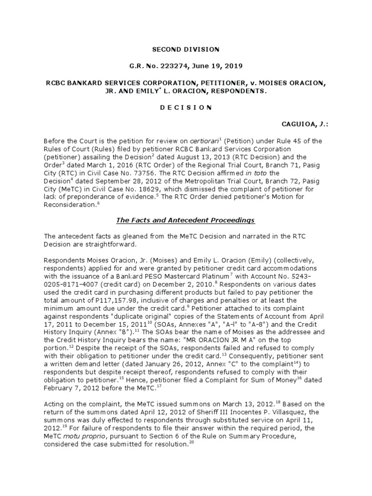 RCBC vs. Oracion | PDF | Affidavit | Complaint