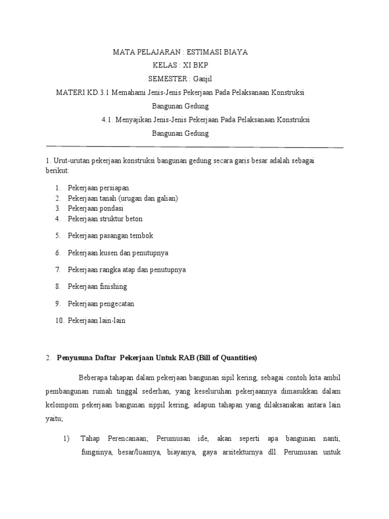 Bahan Ajar Estimasi Biaya Xi BKP Kd.3.1.dan 4.1 | PDF | Griya & Taman | Teknologi & Rekayasa