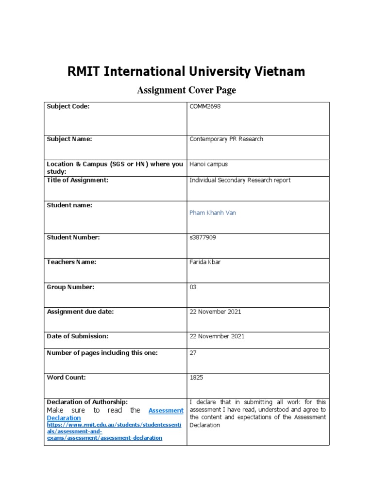 RMIT International University Vietnam: Assignment Cover Page | PDF ...