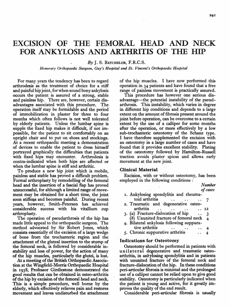 Excision The Femoral Head and Neck Arthritis THE: OF FOR Ankylosis and ...