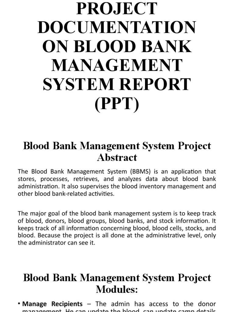 Blood Bank Management System Overview | PDF | Business | Computers