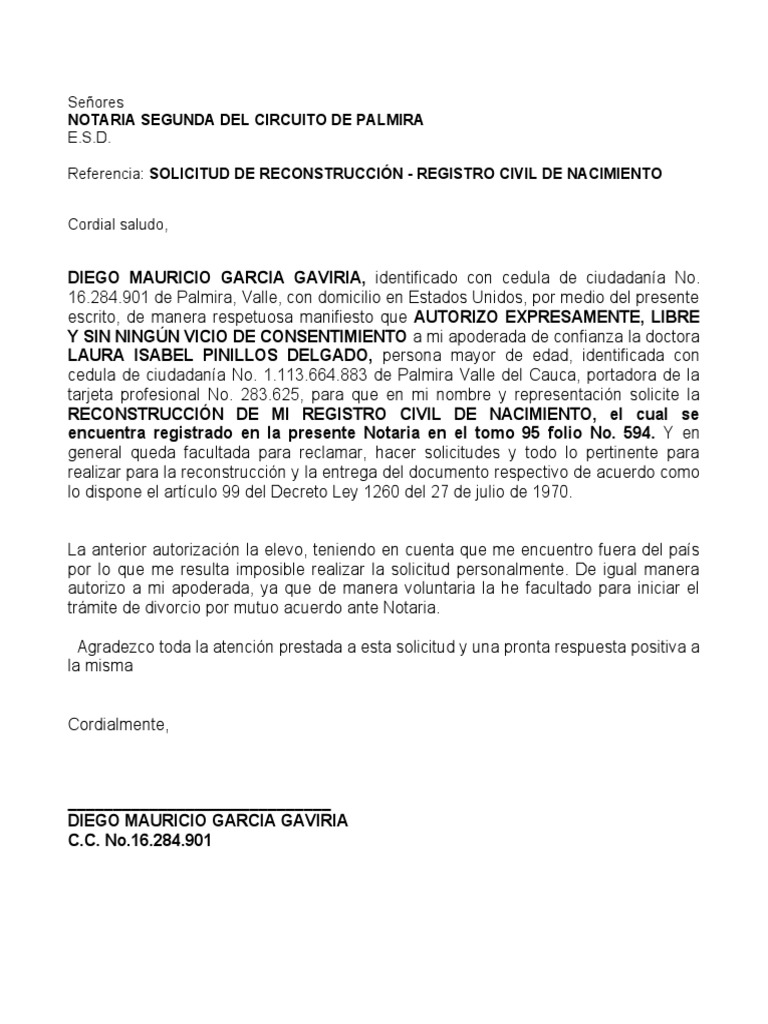 Carta Solicitud de Reconstruccion de Registro Civil de Nacimiento | PDF