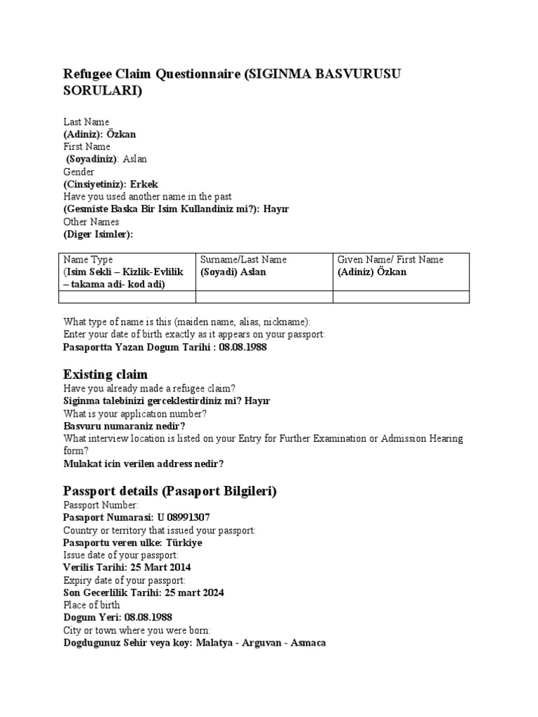 Refugee Claim Questionnaire | PDF | Passport | Government