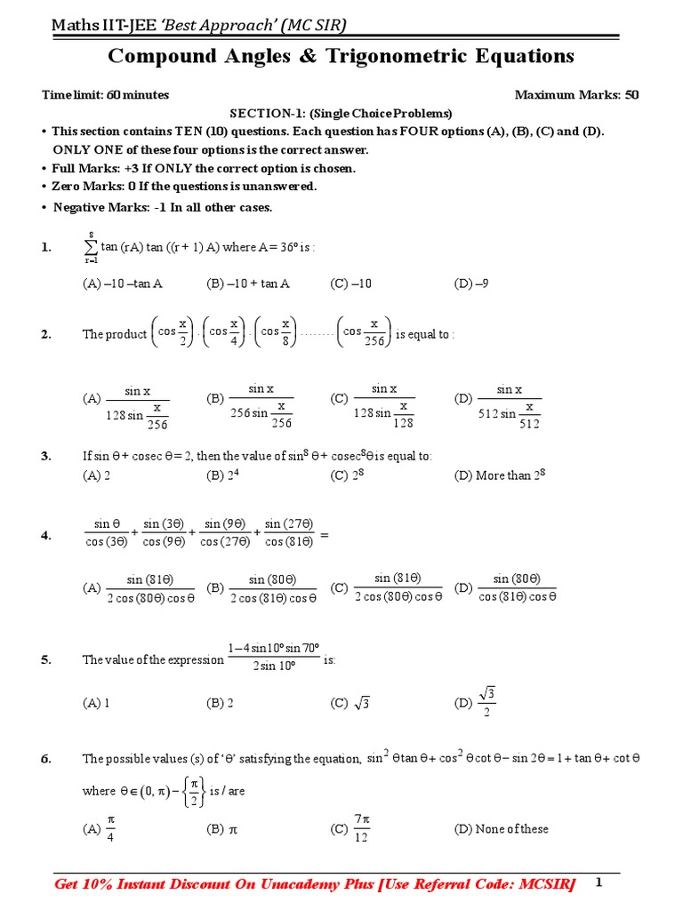 DPP - Compound Angles & Trigonometric Equations - Q | PDF | Sine | Trigonometric Functions