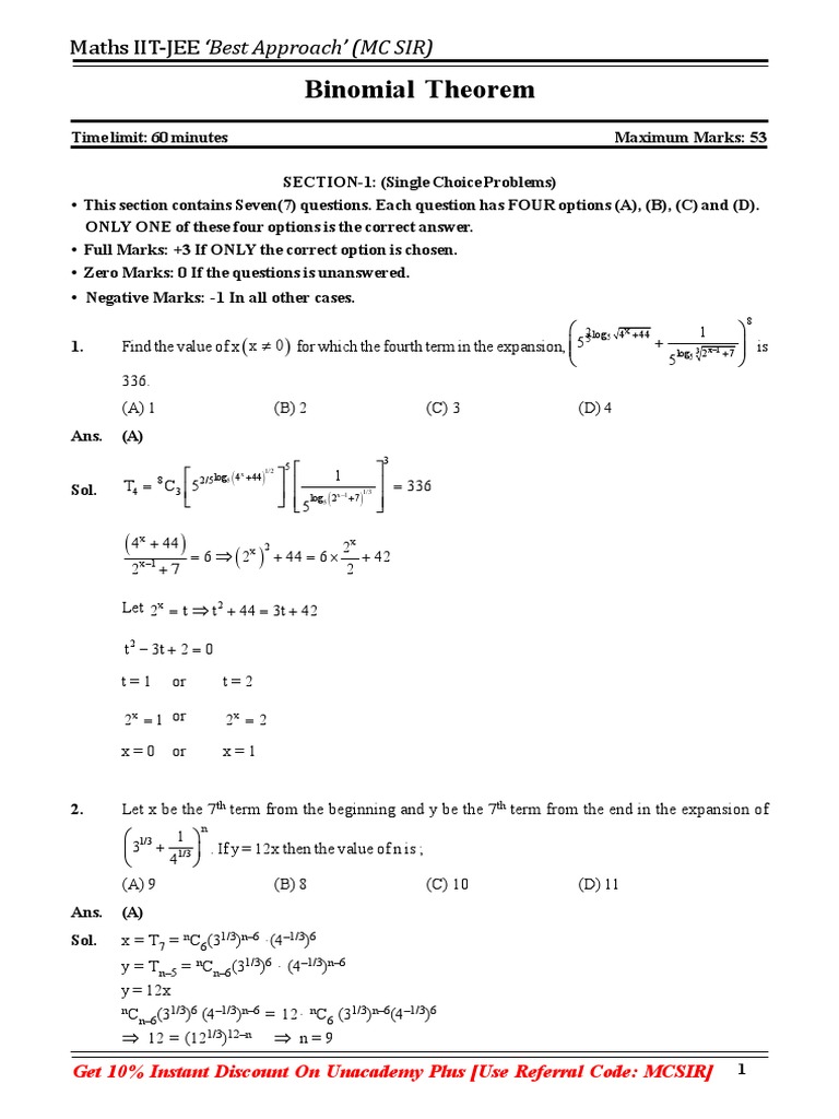Binomial Theorem: Maths IIT-JEE Best Approach' (MC SIR) | PDF | Trigonometric Functions | Numbers