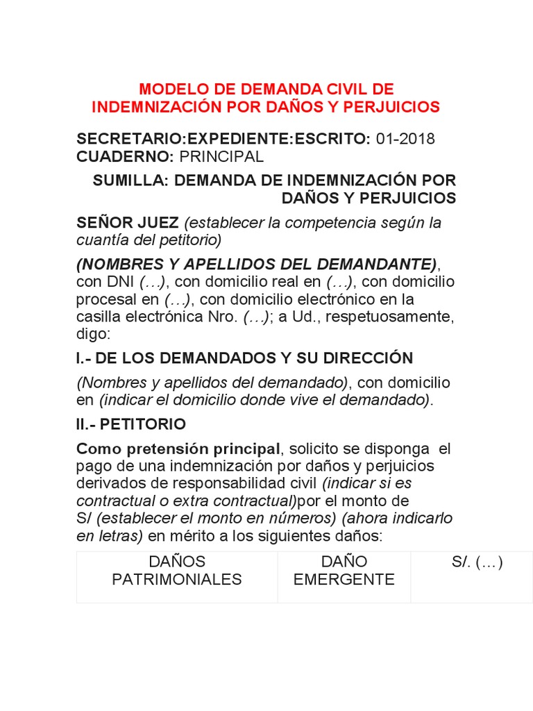 Modelo de Demanda Civil de Indemnización Por Daños y Perjuicios | PDF ...