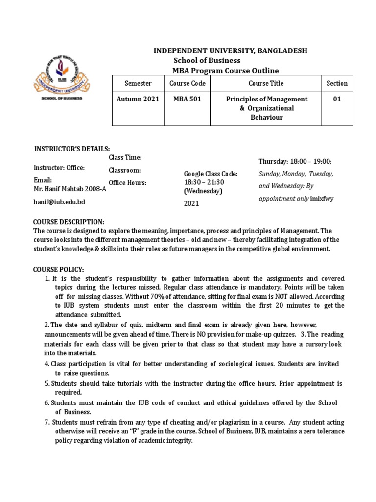 MBA 501 (S1) - Course Outline-Autumn 2021 | PDF | Leadership | Motivation