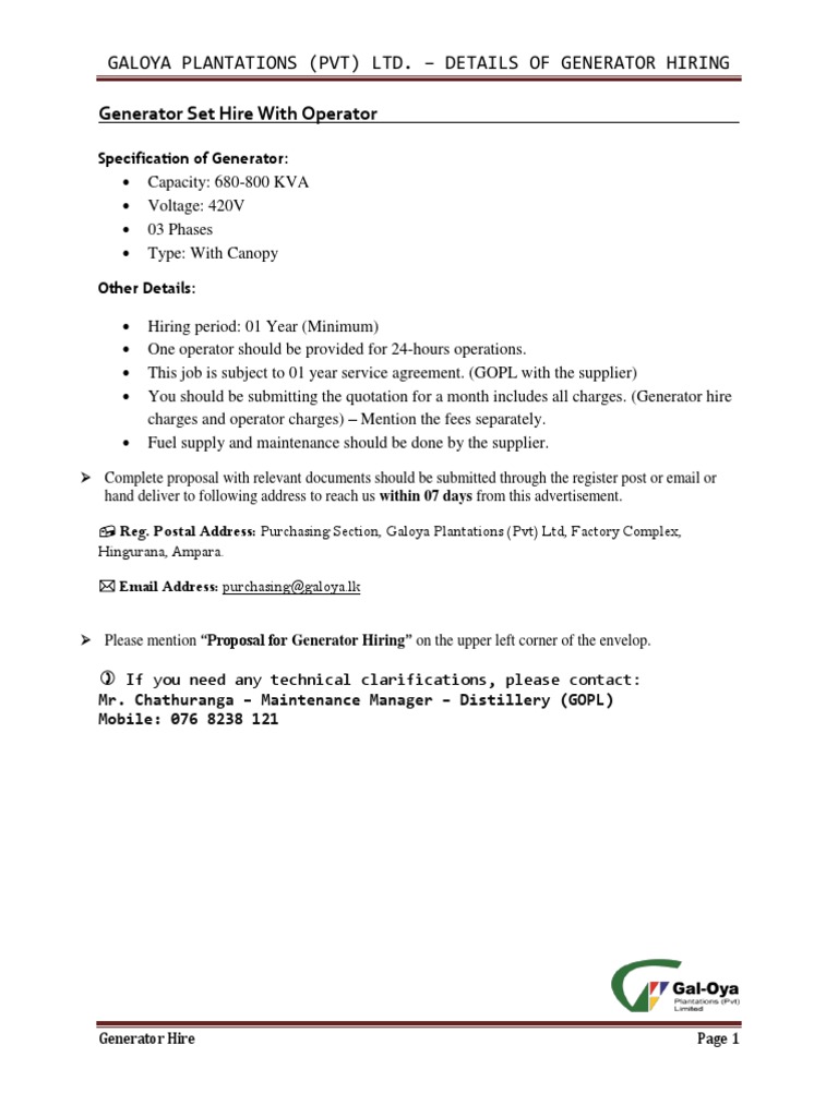 Generator Hire Proposal for Galoya Plantations | PDF