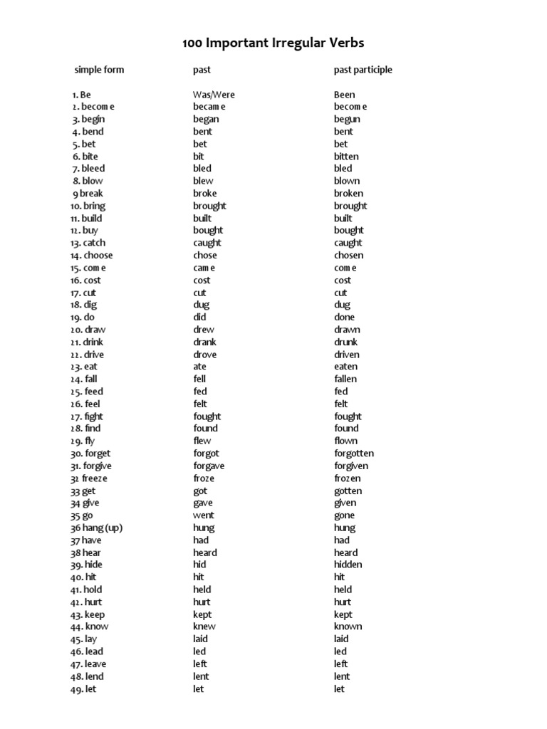 100 Important Irregular Verbs: Simple Form Past Past Participle | PDF