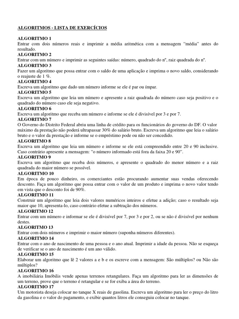 Lista De Exercicios De Algoritmo Pdf Números Algoritmos