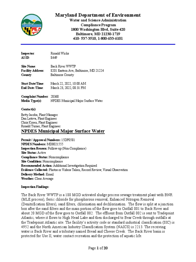 MDE Waste Water Treatment Plant Compliance Evaluation Report | PDF