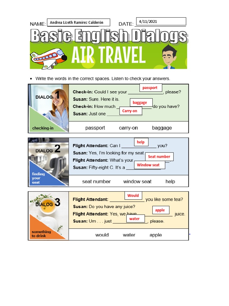 Basic English Dialogues Air Travel Worksheet | PDF