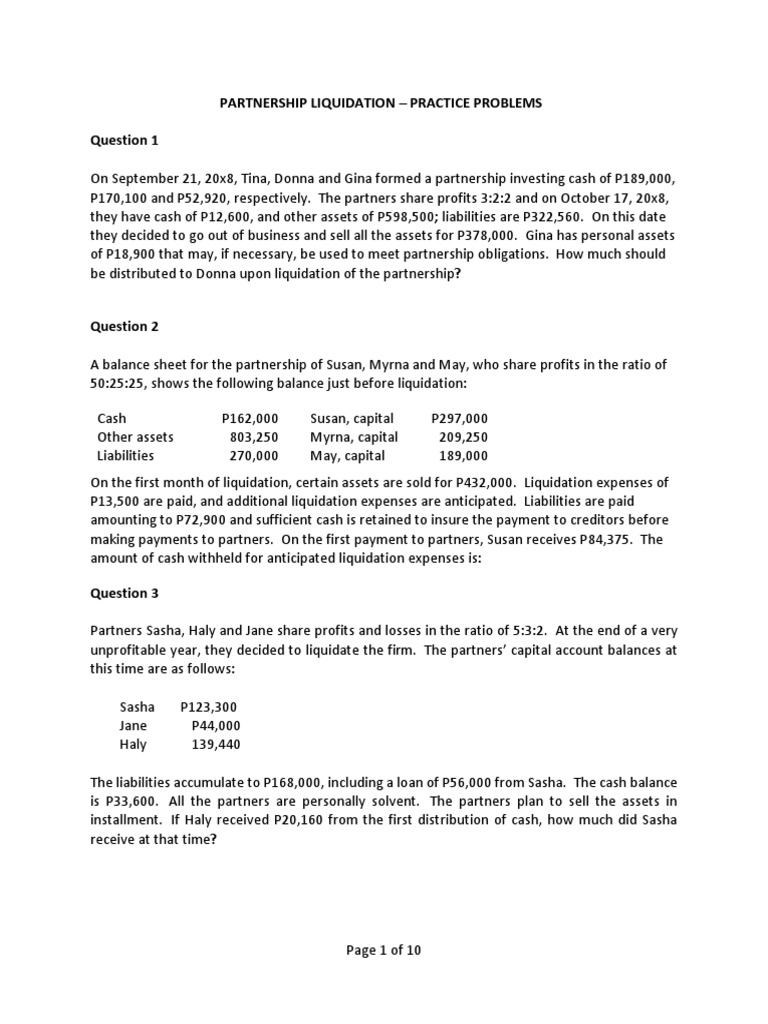 Partnership Liquidation Practice Problems - W Corrections | PDF | Balance Sheet | Equity (Finance)