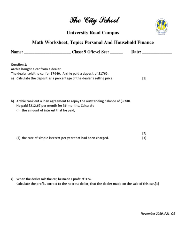 Personal Finance Math Worksheet Grade 9 | PDF | Interest | Business