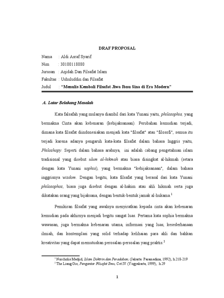 DRAF PROPOSAL Aldi Asraf Syarif (Filsafat Jiwa Ibnu Sina Di Era Modern) | Download Free PDF ...