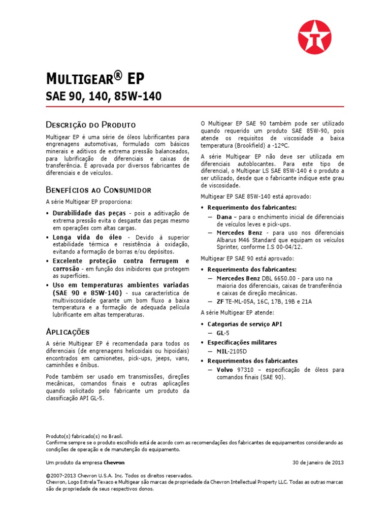 Chevron Multigear-EP-90-140-85W140 - BR-PT - 30jan2013 | PDF | Óleo de ...
