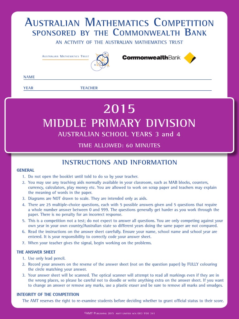 2015 Australian Mathematics Competition AMC Years 3 and 4 | PDF ...