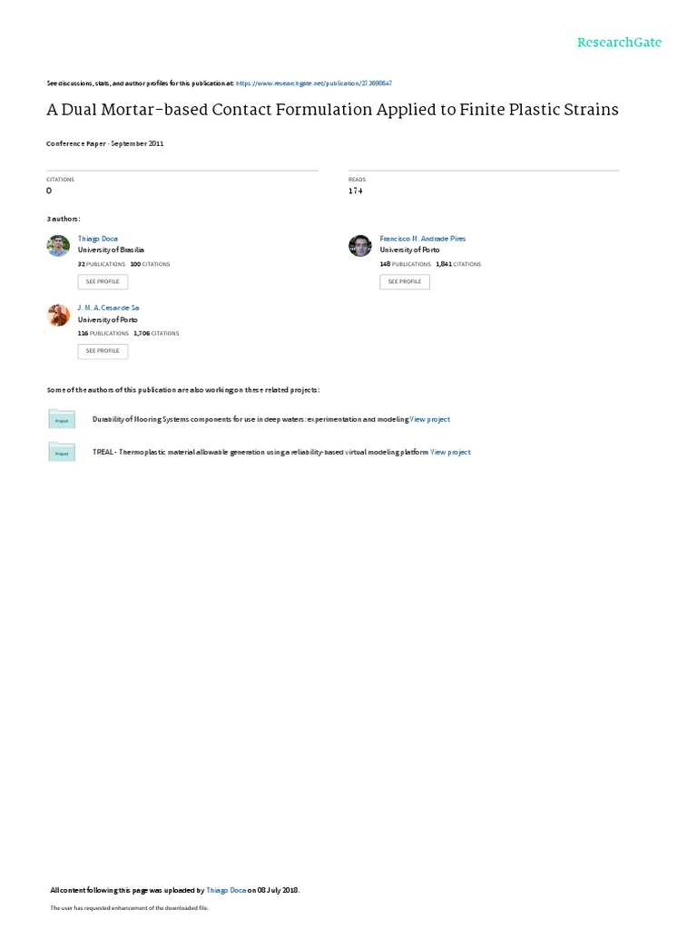 A Dual Mortar-Based Contact Formulation Applied To | PDF | Elasticity ...