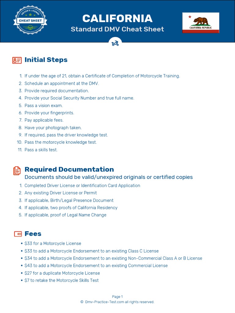 California Motorcycle Cheat Sheet, CA DMV | PDF | Traffic ...