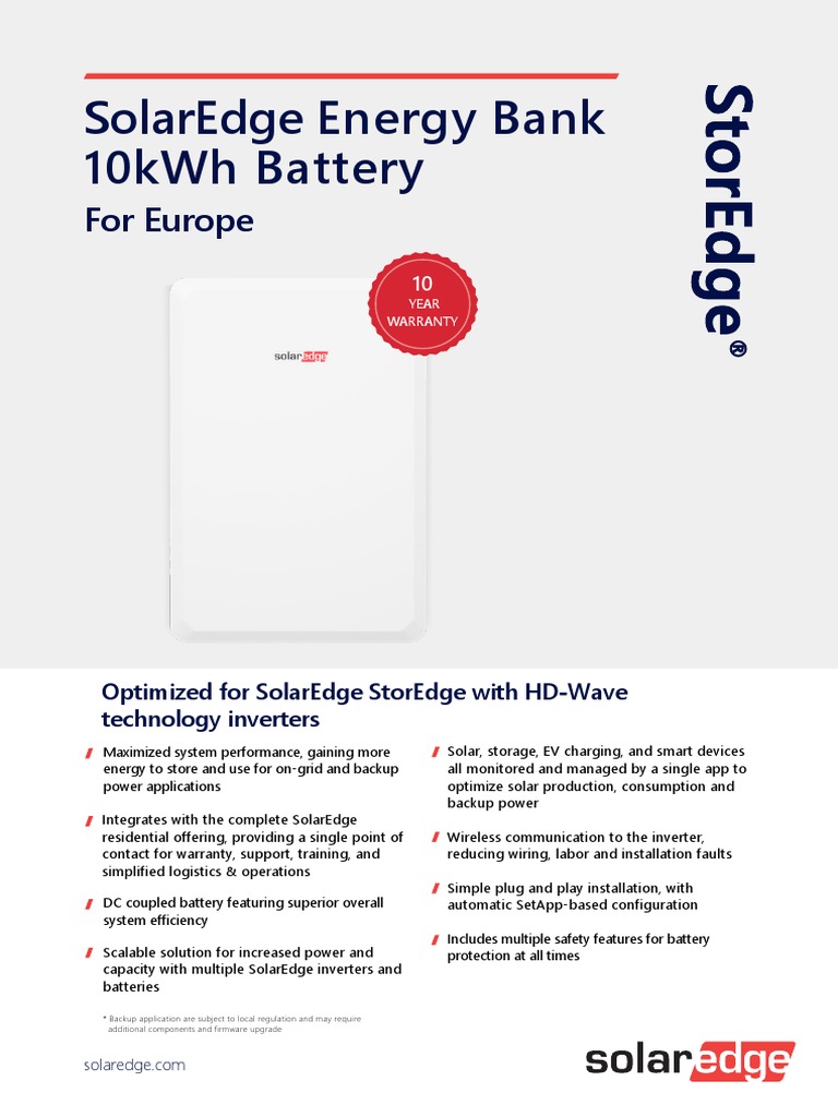 Solaredge Energy Bank 10Kwh Battery: For Europe | PDF | Power Inverter | Physical Quantities