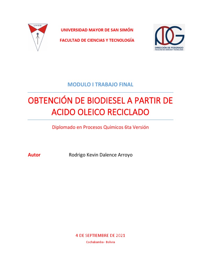Obtencion de Biodiesel Proyecto Final Modulo 1 | PDF | Aceite vegetal | Compuestos químicos