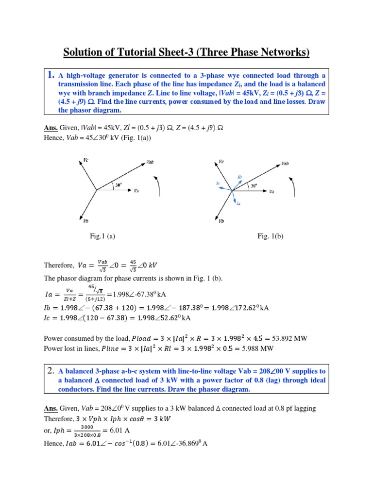 Solution of Tutorial Sheet-3 (Three Phase Networks) : Ans. Given, - Vab - 45kV, ZL (0.5 + j3), Z ...