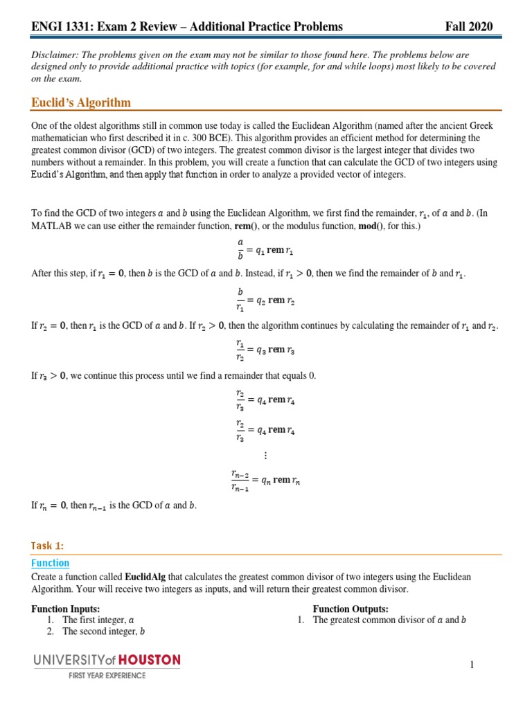 Euclid's Algorithm: ENGI 1331: Exam 2 Review - Additional Practice ...