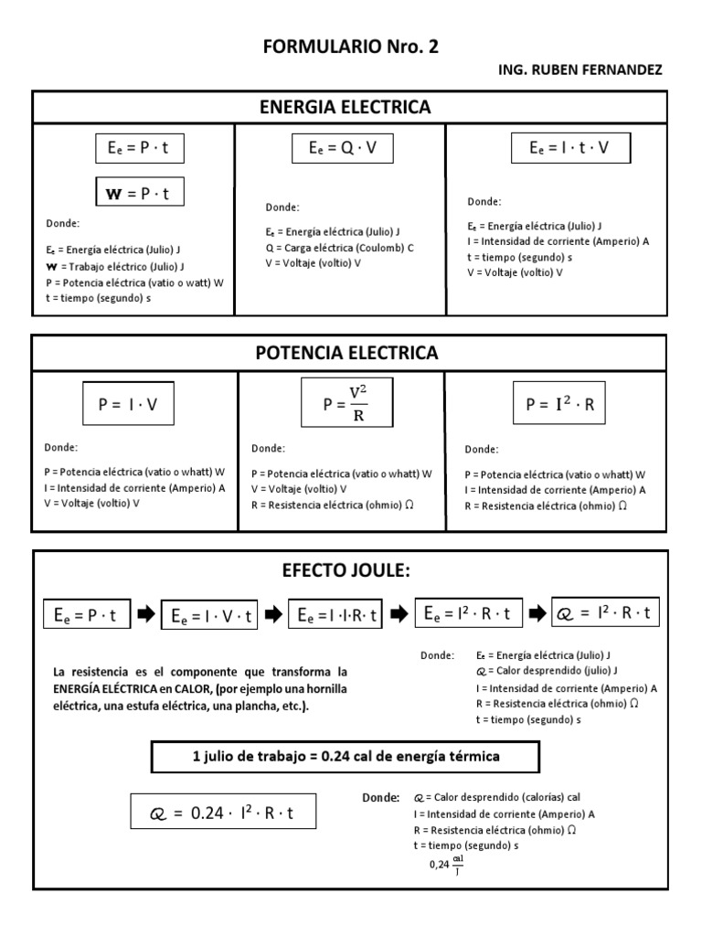 Formulario Energia Electrica - Potencial Electrica - Efecto Joule | PDF