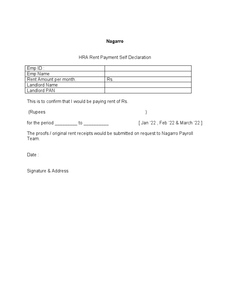 Rent Payment Self Declaration Form | PDF