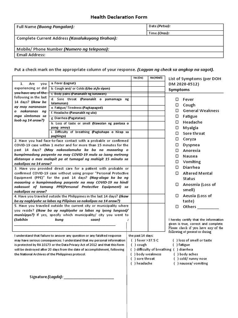 Health Declaration Form Screening | PDF | Medicine | Medical Specialties