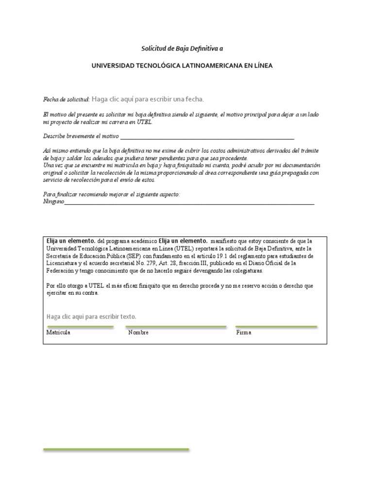 Solicitud de Baja Definitiva UTEL | PDF