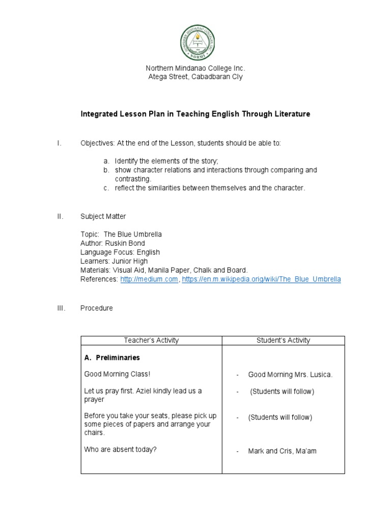 Integrated Lesson Plan in Teaching English Through Literature | PDF ...