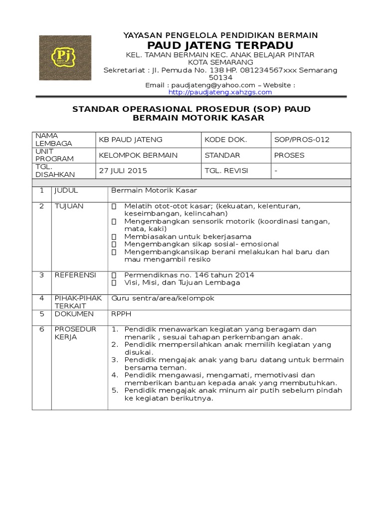 Paud Jateng Terpadu: Standar Operasional Prosedur (Sop) Paud Bermain ...