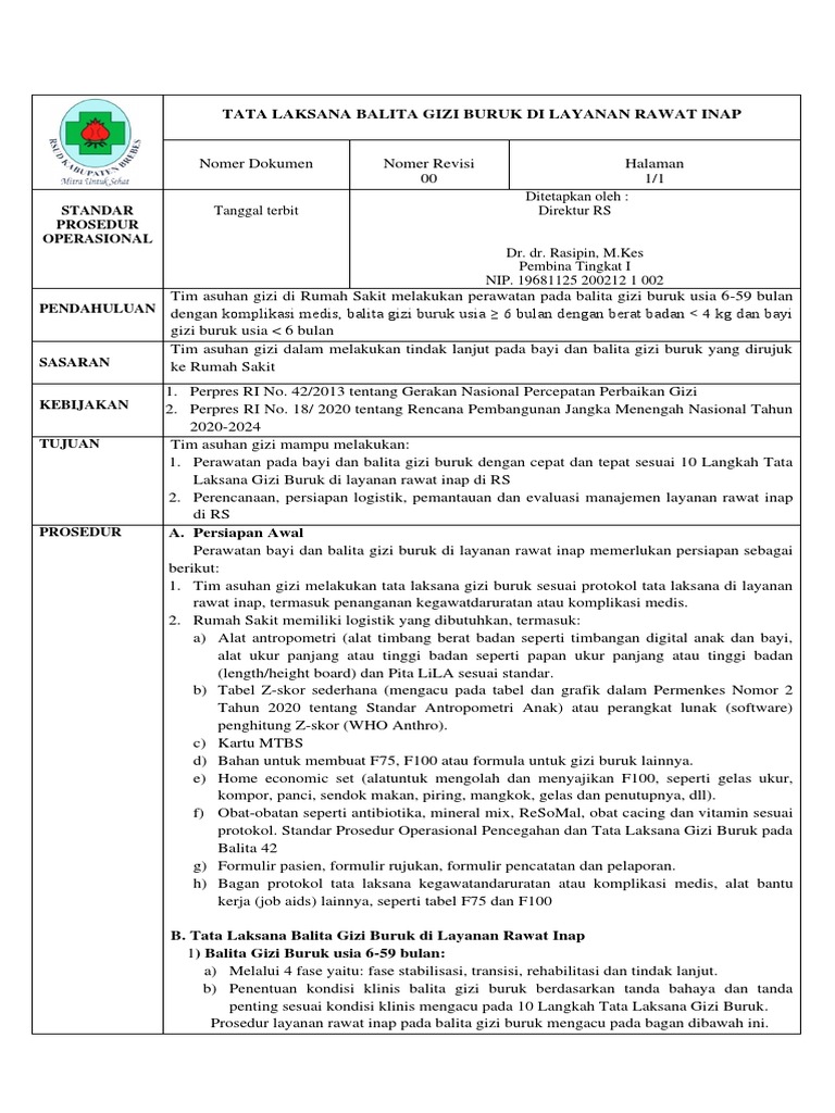 SPO Tata Laksana Gizi Buruk Di RSUD Brebes | PDF