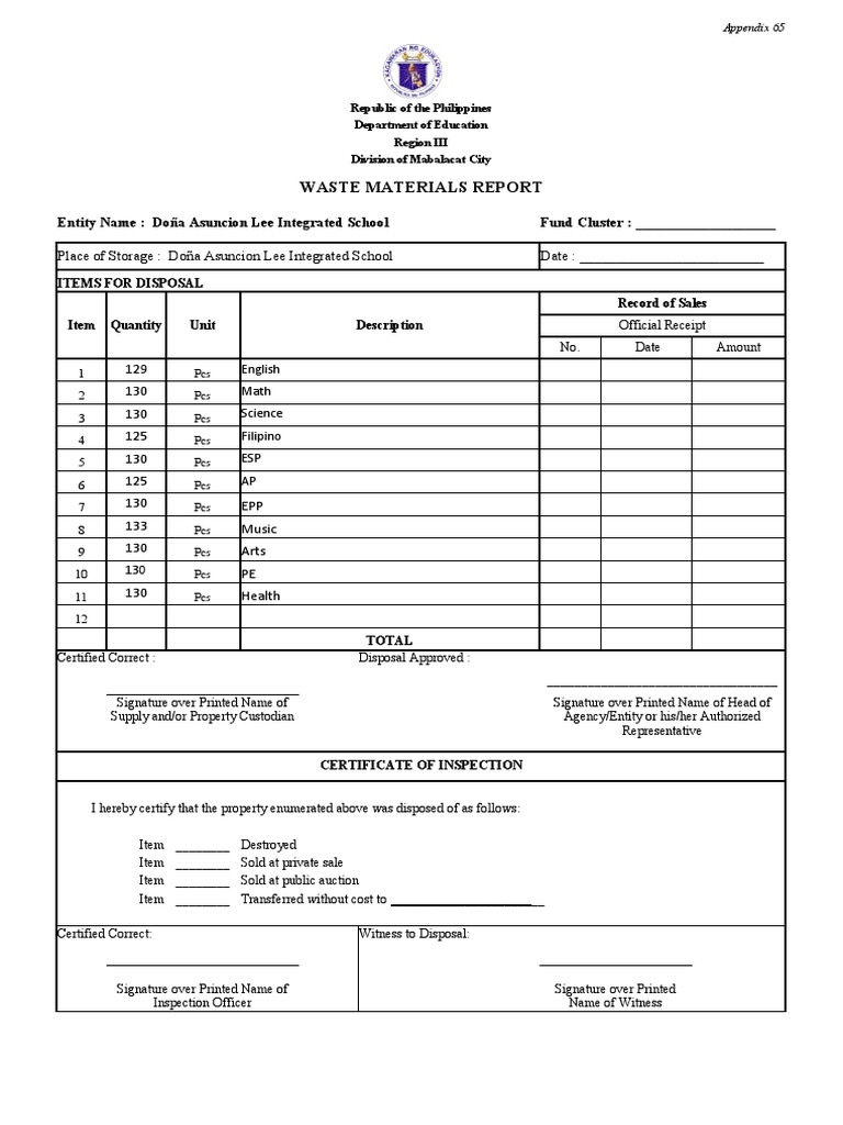 Waste Materials Report: Entity Name: Doña Asuncion Lee Integrated ...