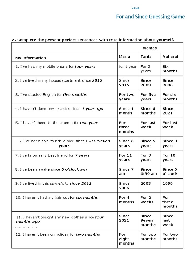 For and Since Guessing Game: Years | PDF | Learning | Linguistics