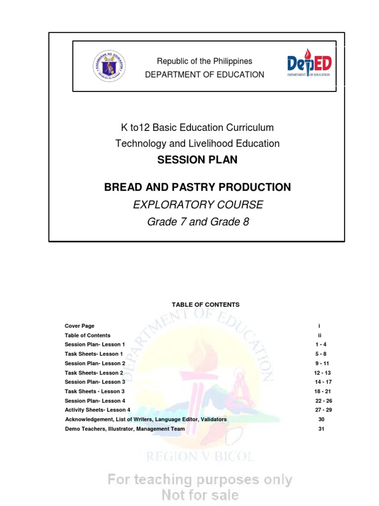 Session Plan Bread and Pastry Production: K To12 Basic Education Curriculum Technology and ...