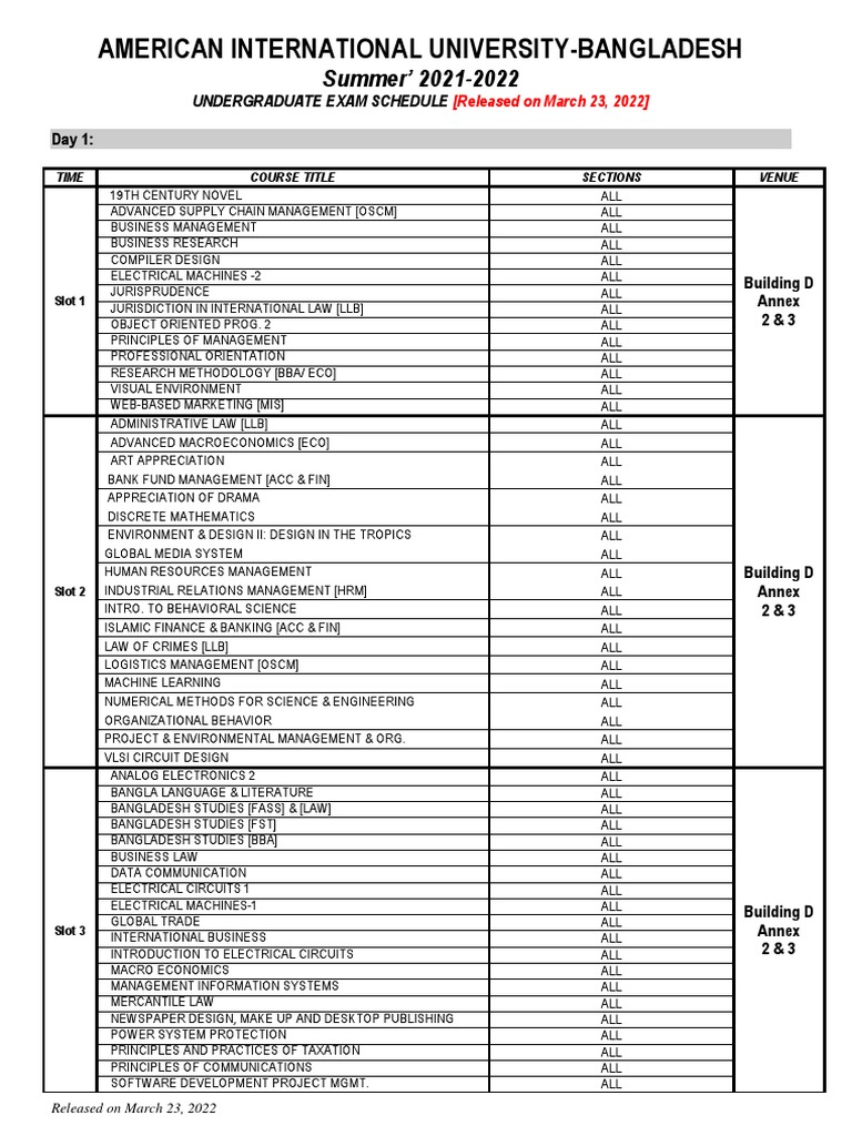 AIUB Summer 2022 Undergraduate Exam Schedule: Course Titles and Time Slots for Days 1-3 | PDF ...