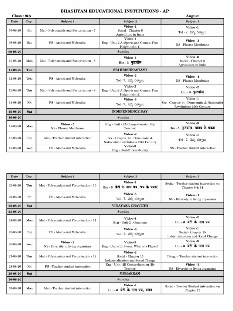August Micro Schedule - 9th Class | PDF