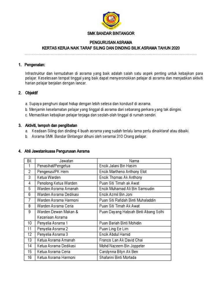 Kertas Kerja Naik Taraf Siling Dan Dinding Asrama Tahun 2020 | PDF