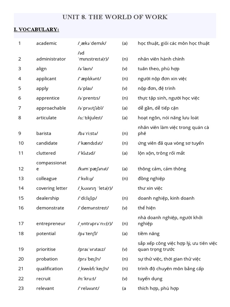 Unit 8 The World of Work Vocab. Gram | PDF