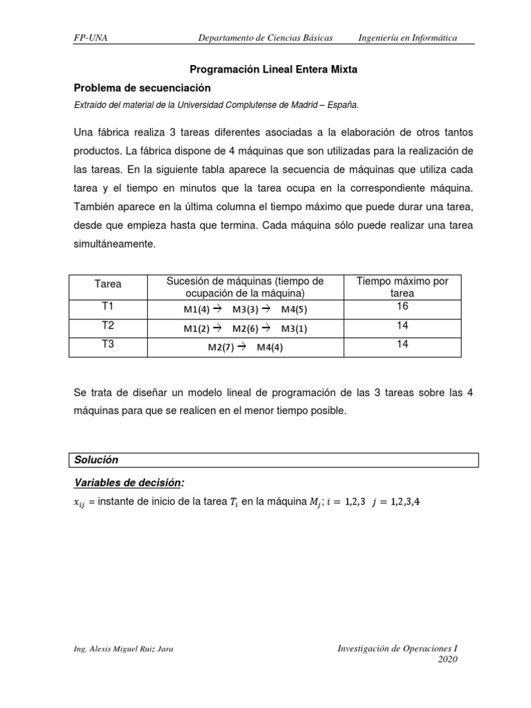 Programación Lineal Entera Mixta en Tareas | PDF | Programación lineal ...