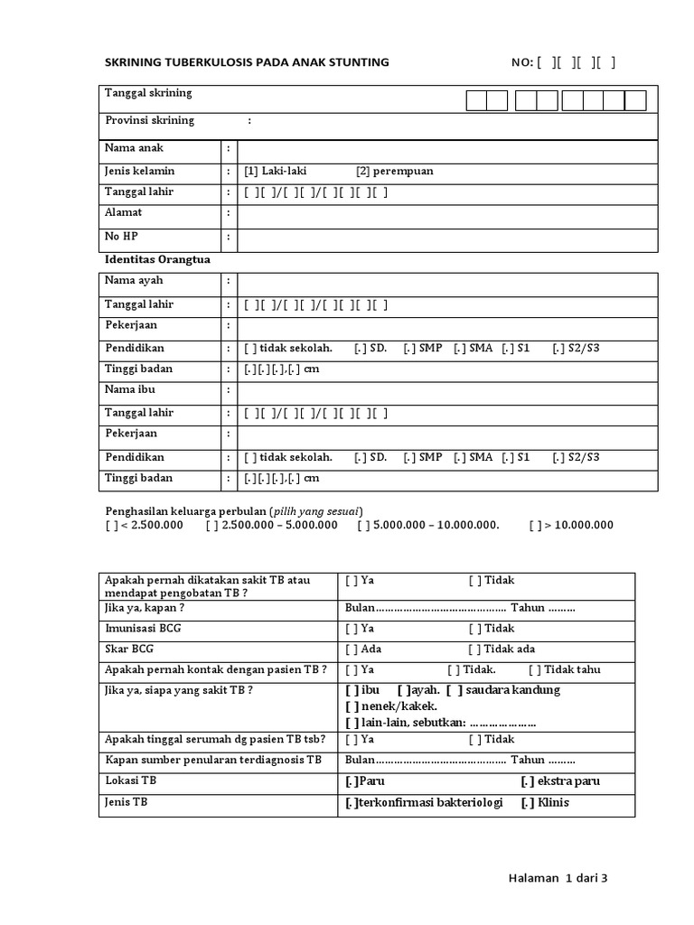 Form Skrining TB Stunting - RT - 1 | PDF