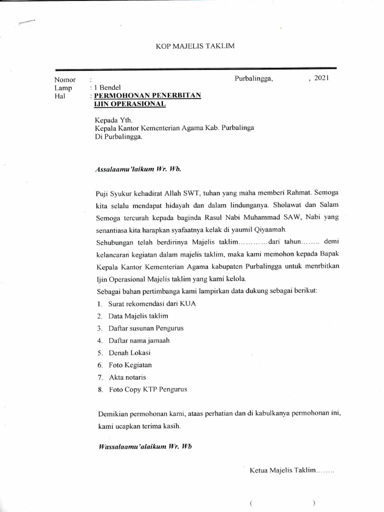 Contoh Proposal Permohonan Ijin Operasional Majelis Taklim | PDF
